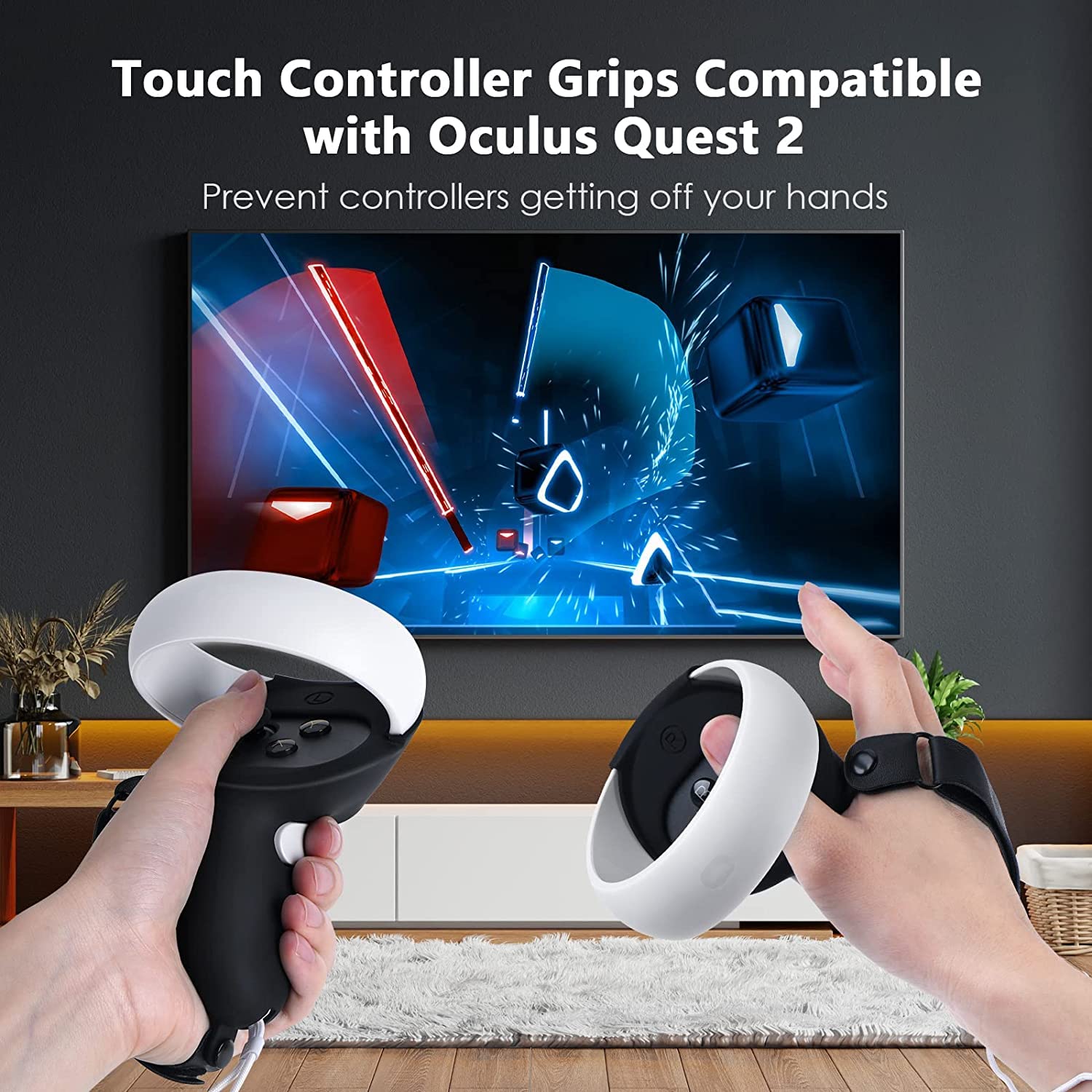 Controller Grips Compatible with Quest 2 - Soft Anti-Slip Silicone Cover Protector with Adjustable Leather Hand Knuckle Strap, VR Games Quest 2 Accessories for Quest 2 Touch Controllers