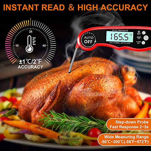 COMSOON Digital Meat Thermometer, Instant Read Cooking Thermometer with Dual Probe, Kitchen Food Thermometer with Alarm Setting, Backlight & Magnet for BBQ Grill Smoker Oven Oil Candy-Red