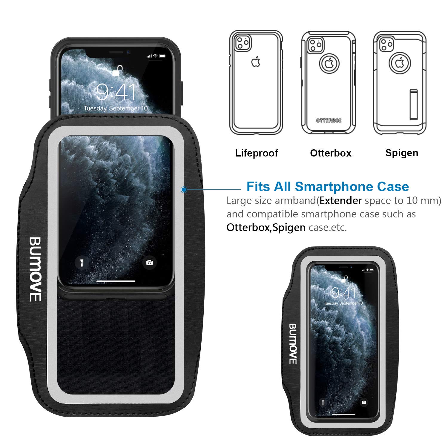 BUMOVE Running Armband for Samsung Galaxy M54 /A34 for iPhone 15/14/13/12/11Pro Max,XS Max,Sports Workouts Phone Arm Band with Card Holder (Black)