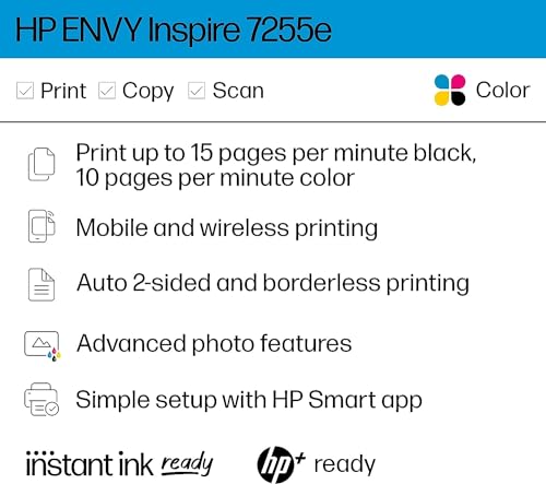HP Envy Inspire 7255e Wireless Color All-in-One Printer with Bonus 6 Months Instant Ink (1W2Y9A) (Renewed Premium), White