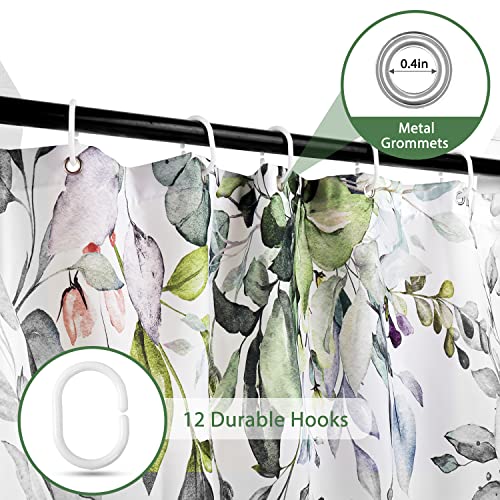 Nuseiis Sage Green Eucalyptus Shower Curtain, Watercolor Plant Leaves Shower Curtain with 12 Hooks, Decorative Botanical Shower Curtain 72 x 72 Inch