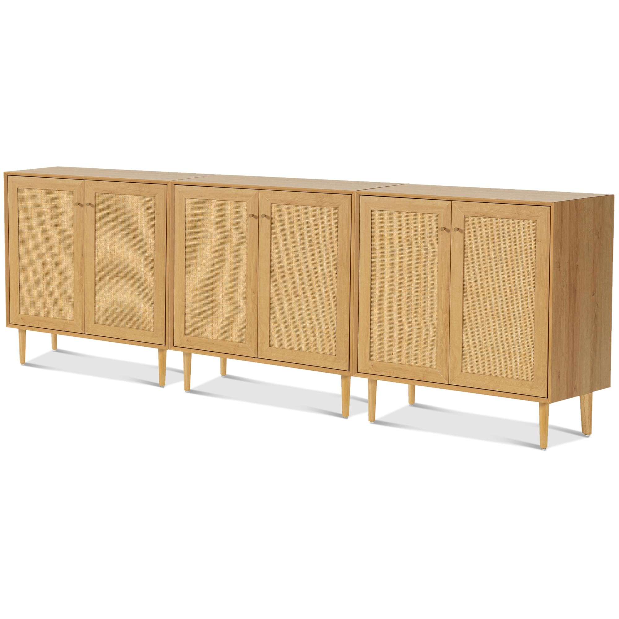EYYTHUNG Rattan Storage Cabinet Set of 3 Accent Sideboard Cabinet, Boho Buffet Kitchen Bar Cabinet Farmhouse Credenza Cabinet with Adjustable Shelves for Dining Room (Square Doors/Oak)