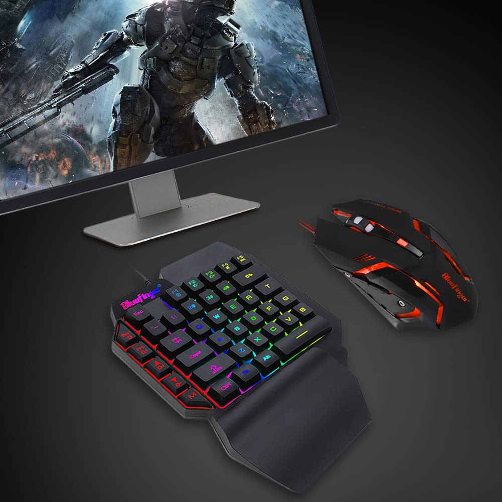 One Hand RGB Gaming Keyboard and Backlit Mouse and Gaming Headset with Microphone,USB Wired Rainbow Single Hand Mechanical Feeling Keyboard with Wrist Rest Support, Gaming Keyboard Set for Game