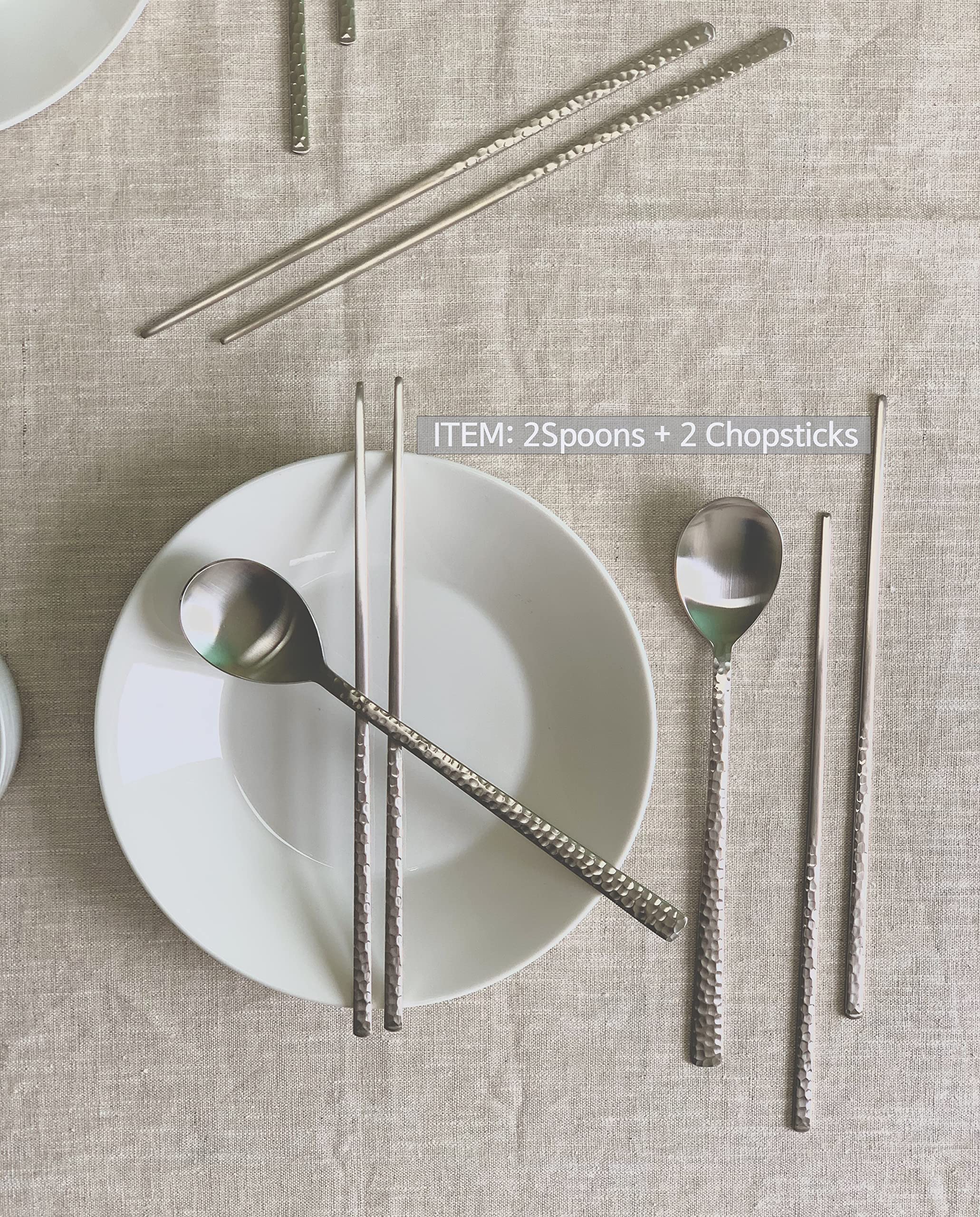 cozymomdeco Korean Made Silver Glossy Hammered Stainless Steel Korean Spoon & Chopstick SET (2SET)