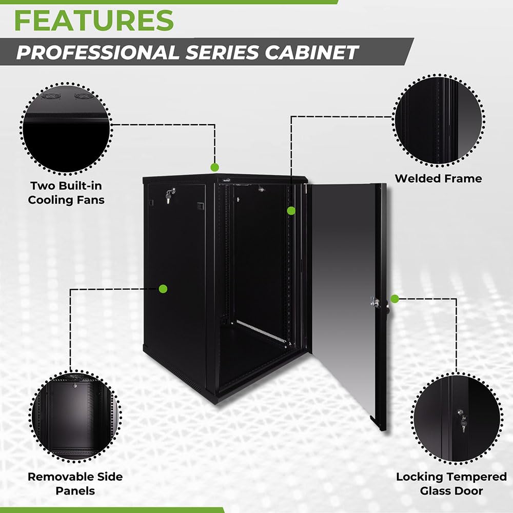 NavePoint 18U Server Rack Enclosure - 23.6β Deep, 18U Wall Mount Network Cabinet with Locking Glass Door for 19β IT Equipment, 18U Network Rack with 2 Fans, Removable Side Panels, Black