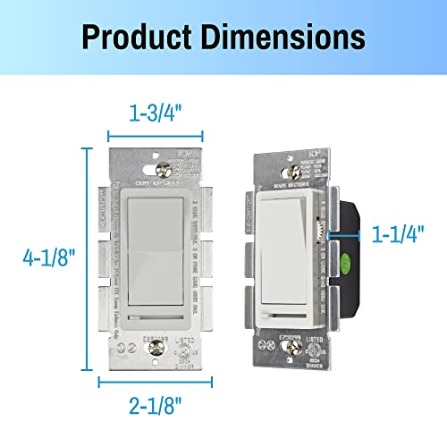 CLEANLIFE Single Pole LED Dimmer Switch - Modern, Low Profile TRIAC Dimmer Light Switch - 3-Way Rocker - Universally Compatible with All UltraLux Light Fixtures - Light Switch Cover Plate Included