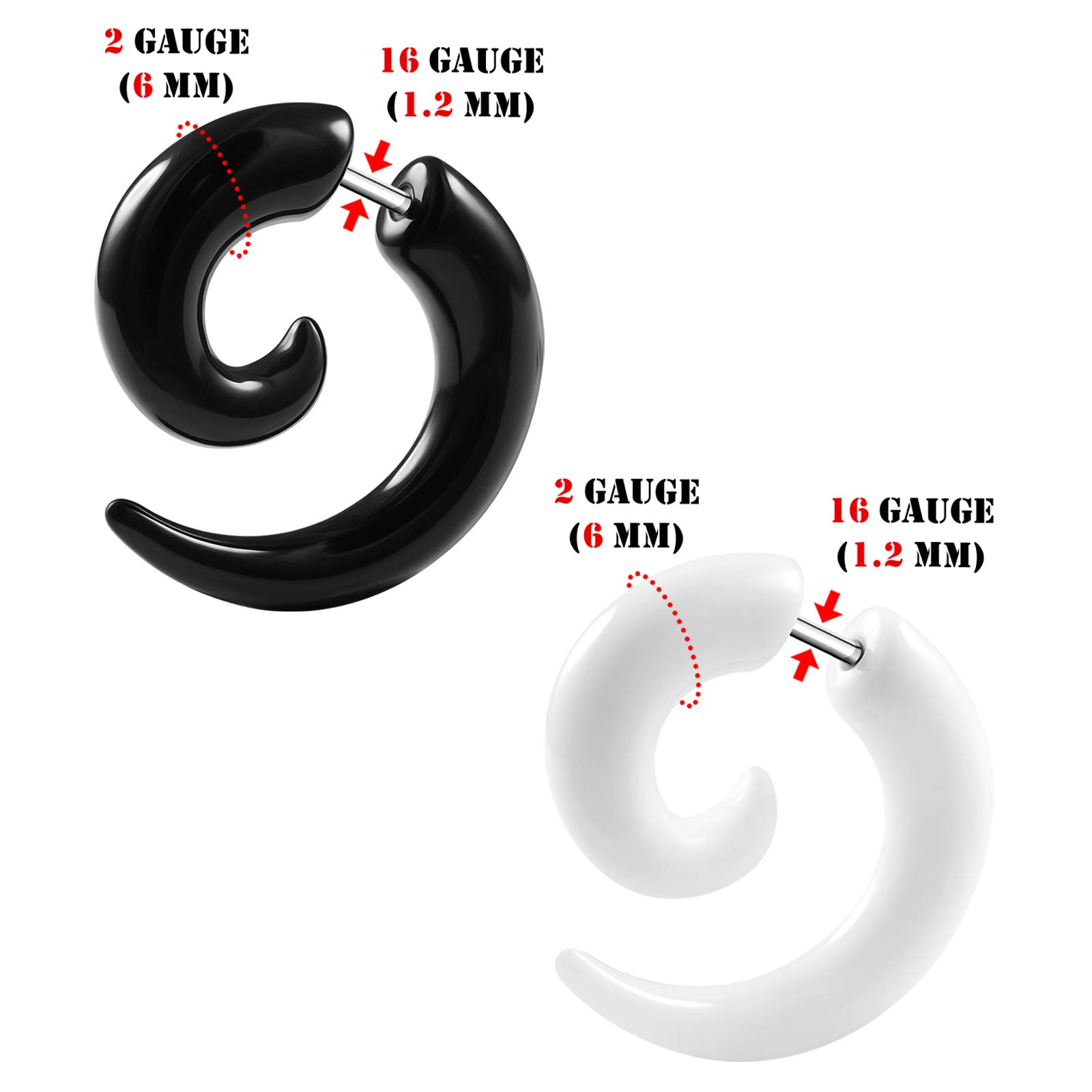 BIG GAUGES 2 Pairs Acrylic 16g Gauge 1.2mm 1/4 (6mm) Black White Taper Sprial Shaped Piercing Fake Ear Plug Cheater Earring Lobe BG2921