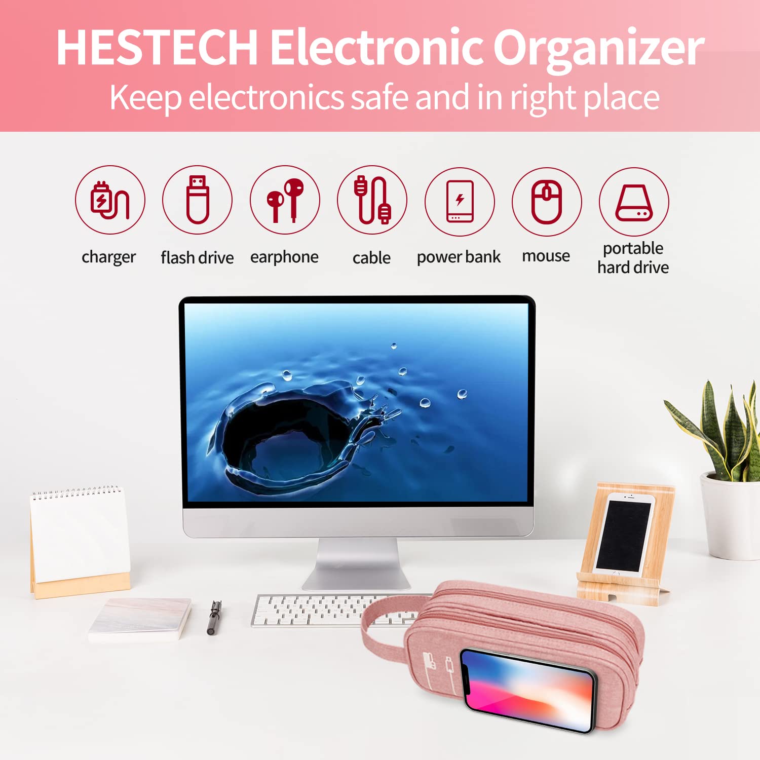 HESTECH Electronic Organizer Travel Case Cord Organizer Traveling Bag Tech Organizer Pouch for Charging Data Cable,Charger,Phone,Power Bank,Mouse,USB Flash Drive,Earphone,Pink with 5PCS Cables Ties
