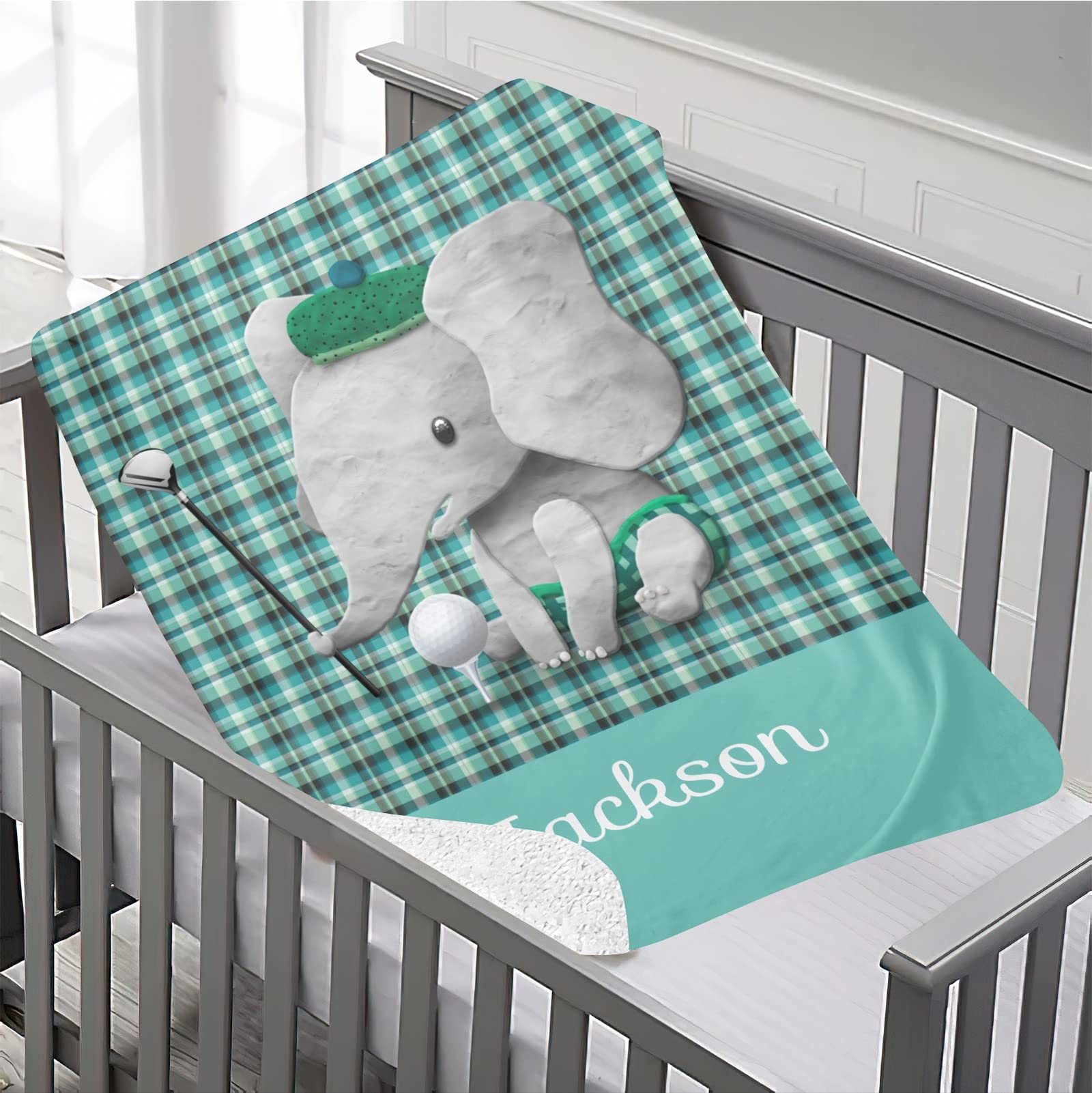Elephant Play Golf Personalized Baby Blanket, Custom Name Sherpa Fleece Baby Blankets for Newborns, Infants, Toddlers, and Nursery 30"x40"
