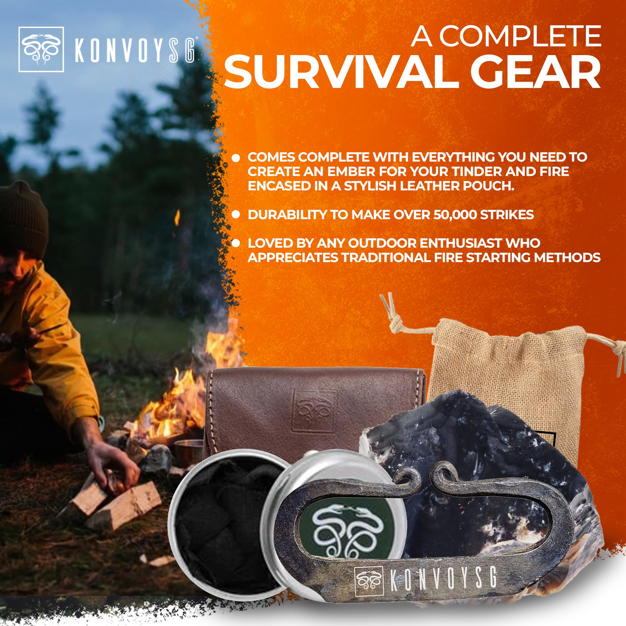 KonvoySG Carbon Steel Fire Striker, English Flint Stone & Char Cloth Traditional Hand Forged Fire Starter, Leather Gift Kit with Emergency Tinder Jute Bag (Cognac)