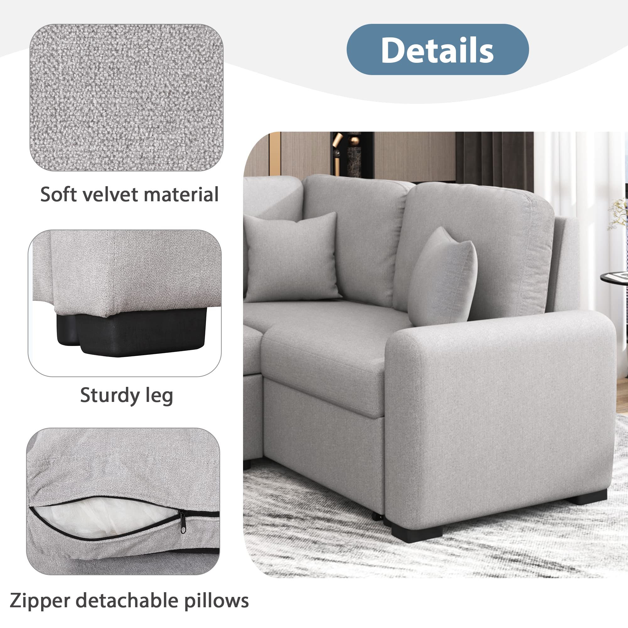 FANYE Pull-Out Sleeper Sofa Bed,L-Shaped Reversible Modular Sectional Couch Convertible Corner Sofá,4-Seat Chenille Upholstery Couches Chaise Lounge Sofacama with USB Ports,Plug Outlet and 3 Pillows