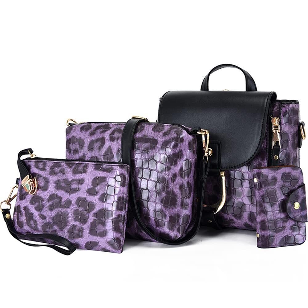 ZiMing Women Handbags Wallet Set Leopard Print Leather Purses Small Backpack Crossbody Shoulder Bags Wristband Wallet 4 Pcs