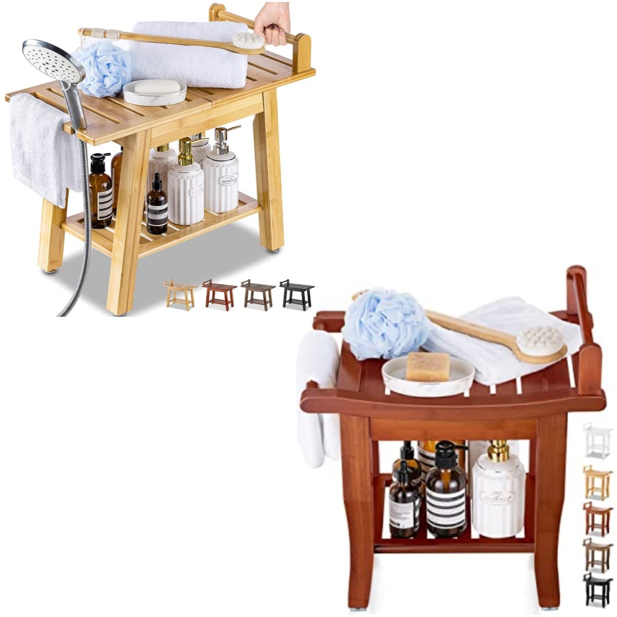 ETECHMART 2-Tier Bamboo Shower Bench, 24 Inch Spa Stool with Storage Shelf for Inside Shower Legs Shaving, Entryway or Bathroom, A-Shaped Shower Bath Seat for Seniors Adults Disabled Women, Natural+Ba