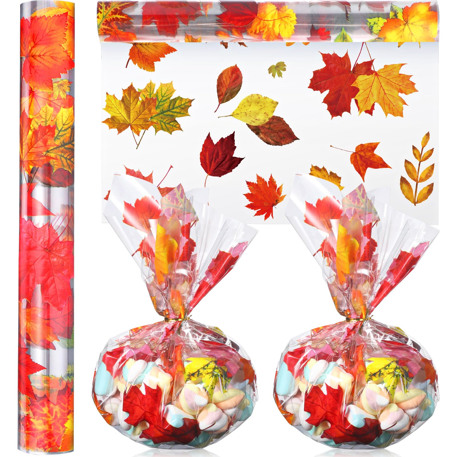 Fall Cellophane Wrapping Paper 100 ft x 16 Inch 2.5 Mil Thick Cello Wrap Roll Crystal Clear Autumn Theme Paper Wrapper Fall Color Maple Leaf Cellophane Gift Wrap for Treat Small Basket Craft Flowers