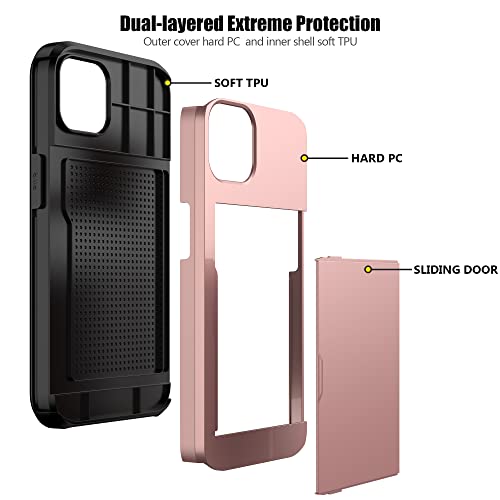 Nvollnoe for iPhone 13 Pro Case with Card Holder Heavy Duty Protective Dual Layer Shockproof Hidden Card Slot Slim Wallet Case for iPhone 13 Pro for Men&Women(Rose Gold)
