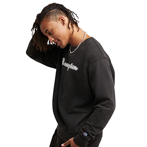 Champion Midweight Crew, Fleece Crewneck, Best Comfortable Sweatshirts for Men, Solar Wash Black Script Outline, Large