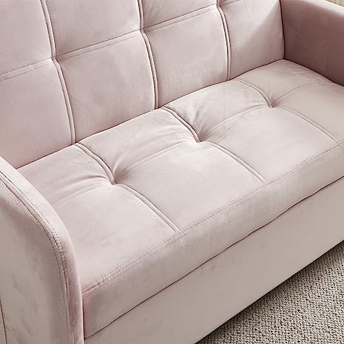 FANYE Twin XL 3-in-1 Tufted Upholstered Daybed Futon Loveseat W/Pull Out Sleeper Bed and USB Ports, 2-Seaters Sofa & Couch Soft Cushions Love Seat Convertible Size Sleep Sofabed for Living Room, Pink