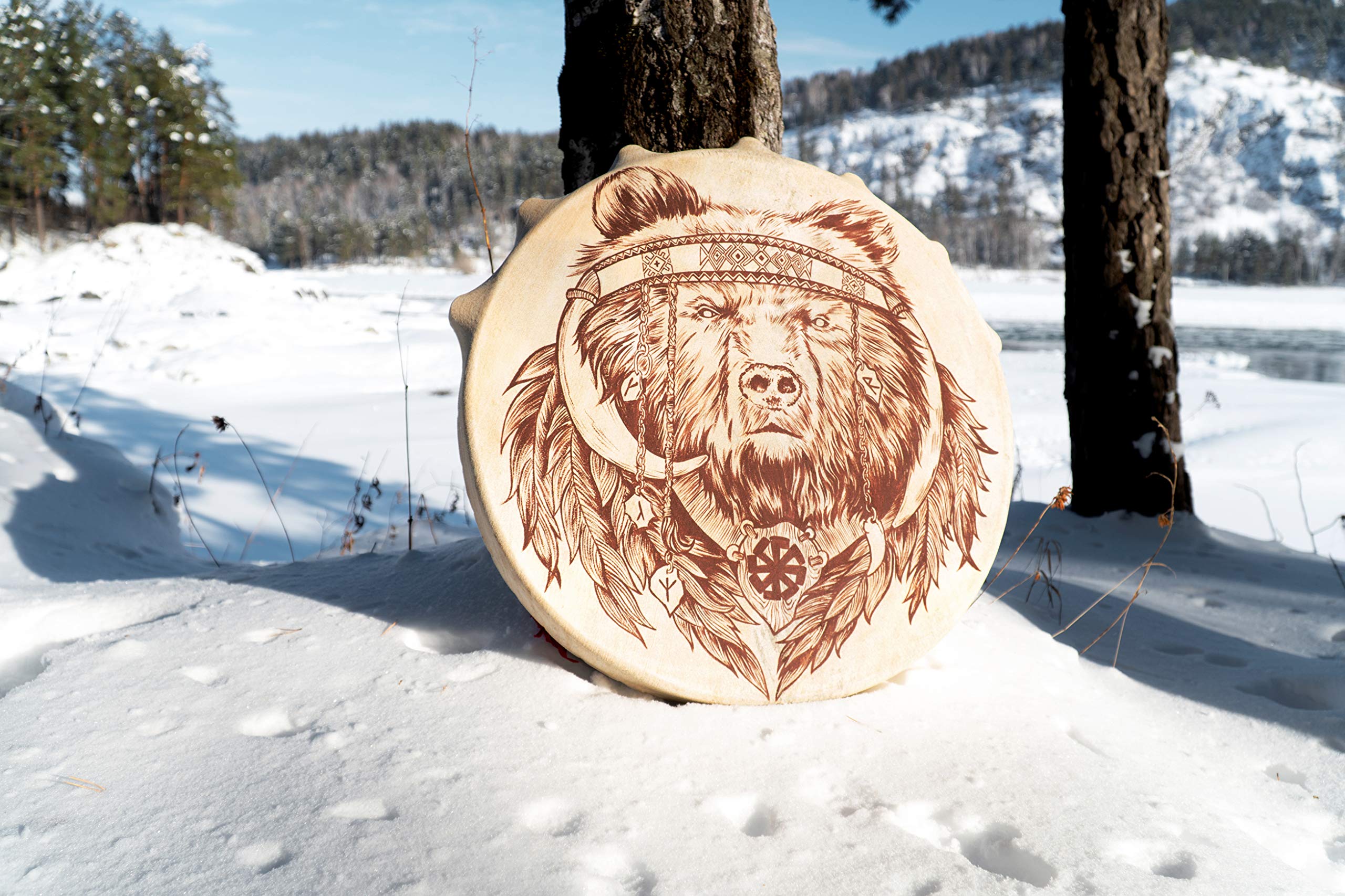 Siberian round shaman drum 19" (50 cm) with drawing of a bear/authentic tambourine/with beater and case included