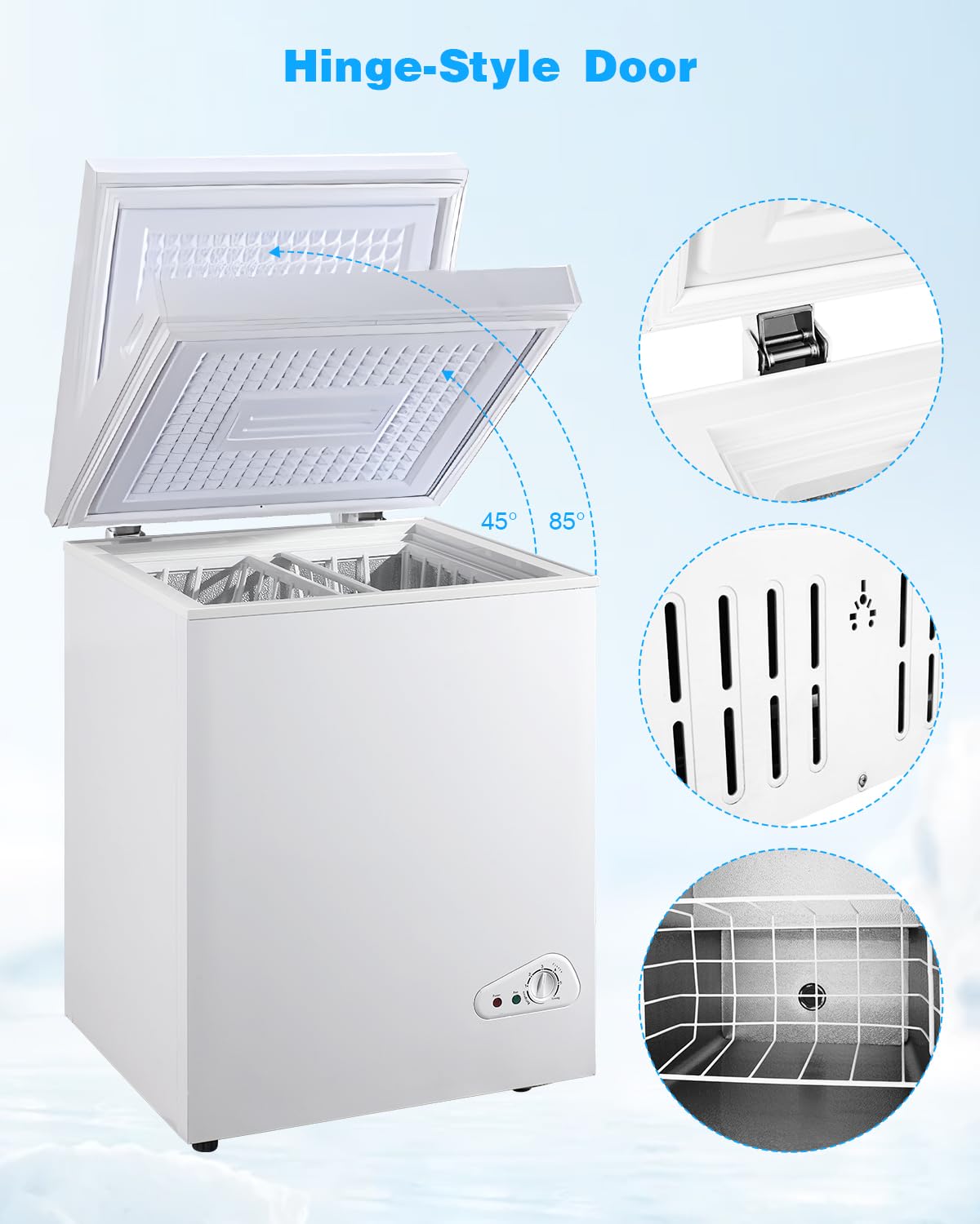EUASOO 5 Cu.Ft Chest Freezer with a Removable Basket 7 Gears Adjustable Temperature Control(-18°F to -46°F), Deep Compact Freezer for Garage, Office, Basement, House, Kitchen, Shop, RVs-White