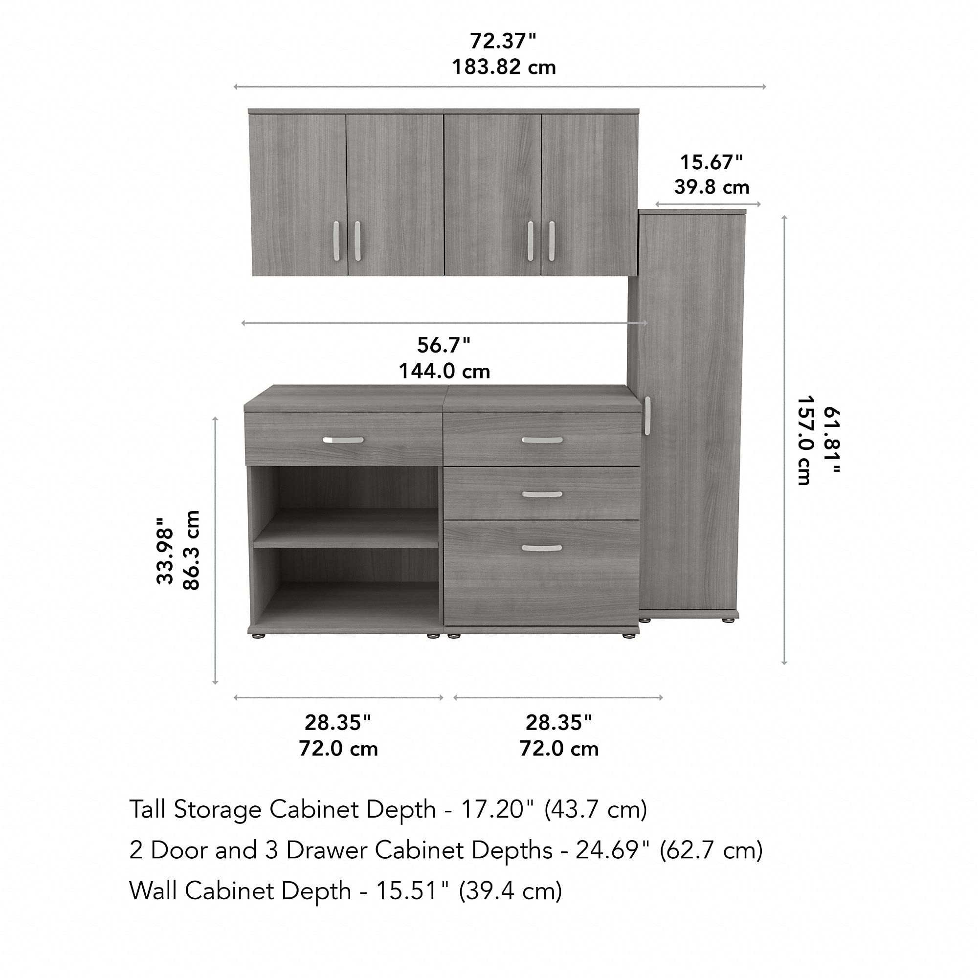 Bush Business Furniture Universal 5 Piece Modular Closet Storage Set with Floor and Wall Cabinets, Platinum Gray