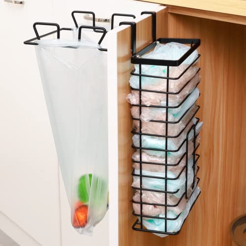 KES Plastic Bag Holder for Grocery Bags, Over The Cabinet Door Organizer, Hanging Trash Bag Holder Metal, Matte Black, KUR525-BK