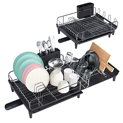 JINGFU Dish Drying Rack - Stainless Steel Dish Racks for Kitchen Counter, Large Dish Drying Rack with Drainboard, Dish drainers for Kitchen Counter,Expandable Dish Rack for Cups, Cutlery, Pot&lid