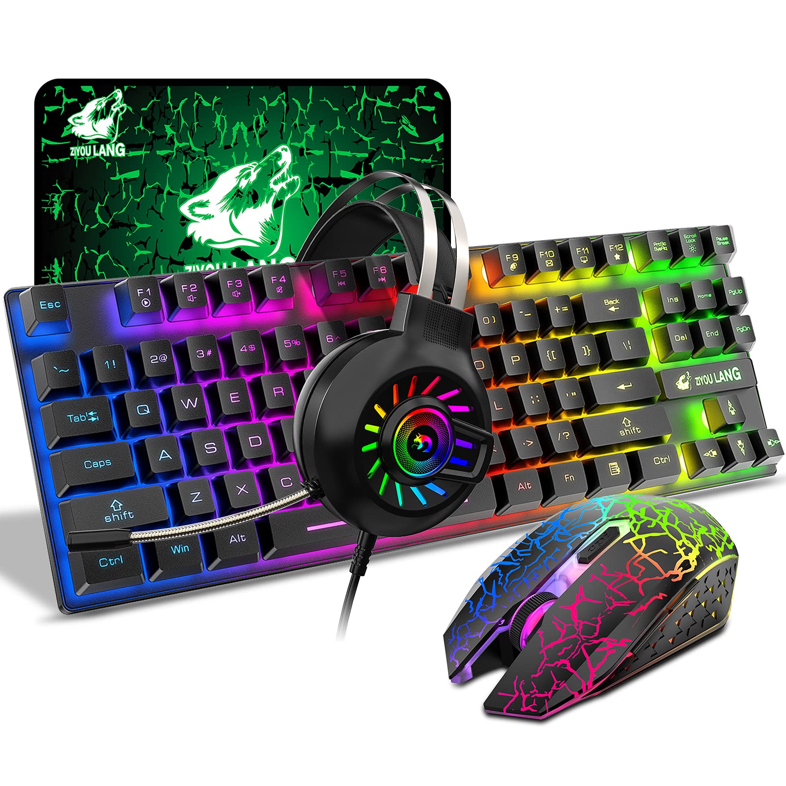 ZIYOU LANG Wireless Gaming Keyboard Mouse and Wired Headphone with Ergonomic 87Key Rainbow Backlight Rechargeable 3800mAh Battery Mechanical Anti-ghosting Mouse pad for PC Laptop Gamer Typist(Black)