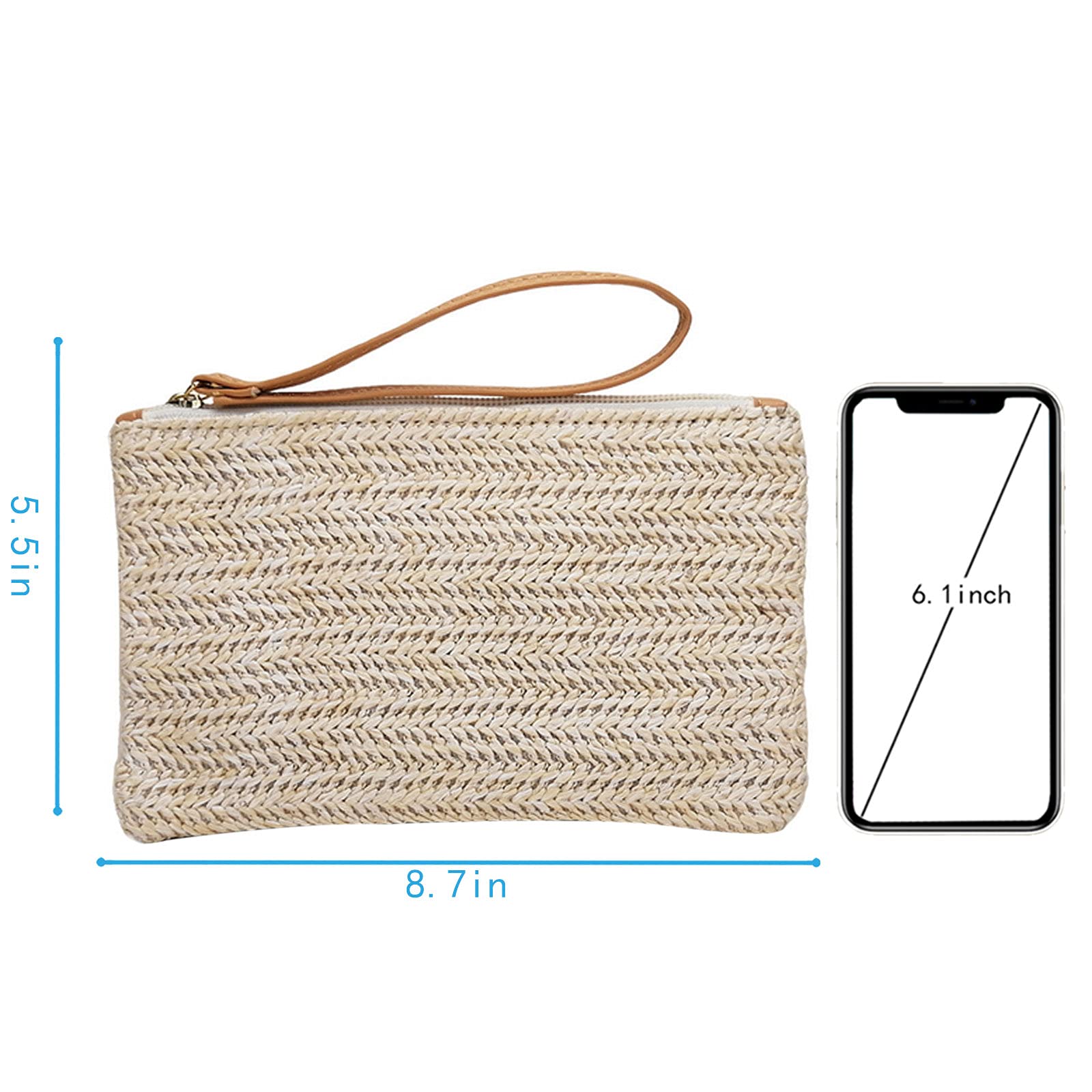 ZLM BAG US Natural Straw Boho Purse Zipper Wristlet Wallet Handwoven Beach Clutch Bag Off White