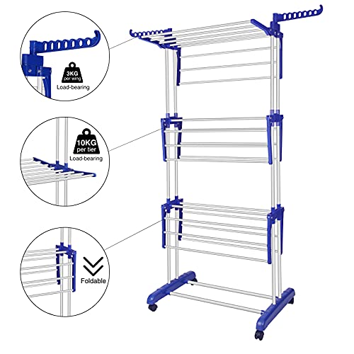 innotic Clothes Drying Rack, Stainless Steel Oversized 4-Tier Collapsible Rolling Drying Rack Clothing Folding Laundry Drying Rack Stand Indoor/Outdoor with Side Wings and Casters Gray Blue