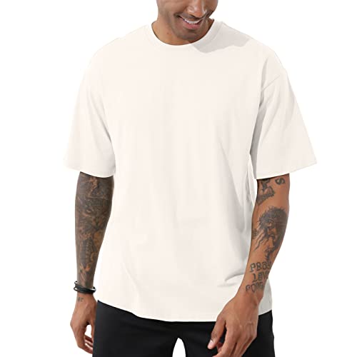 Men's Fashion Loose Fit Crewneck Solid T-Shirt Athletic Lightweight Short Sleeve Gym Workout Tops Beige