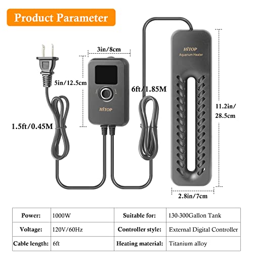 Hitop 1000W Digital Aquarium Heater: Titanium Fish Tank Heater with Temperature Control Device, Submersible Heater for Freshwater/seawater up to 300 Gallon