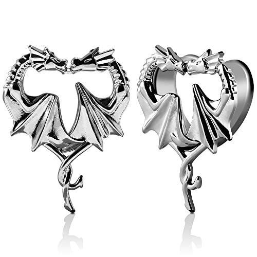 COOEAR Heart Shape Dinosaur Design Gauges for Ear Plug Tunnels Stainless Steel Black Stretchers and Expander Body Jewelry.