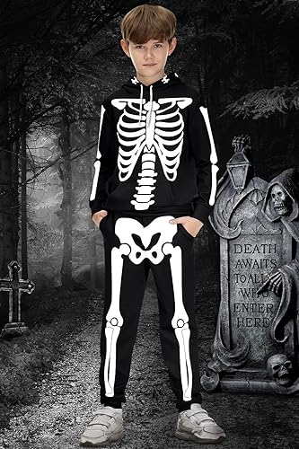 Girls Halloween Costume Bone Skeleton Skull Sweatshirt Hoodie Pant Set for Boys 9-10 Years