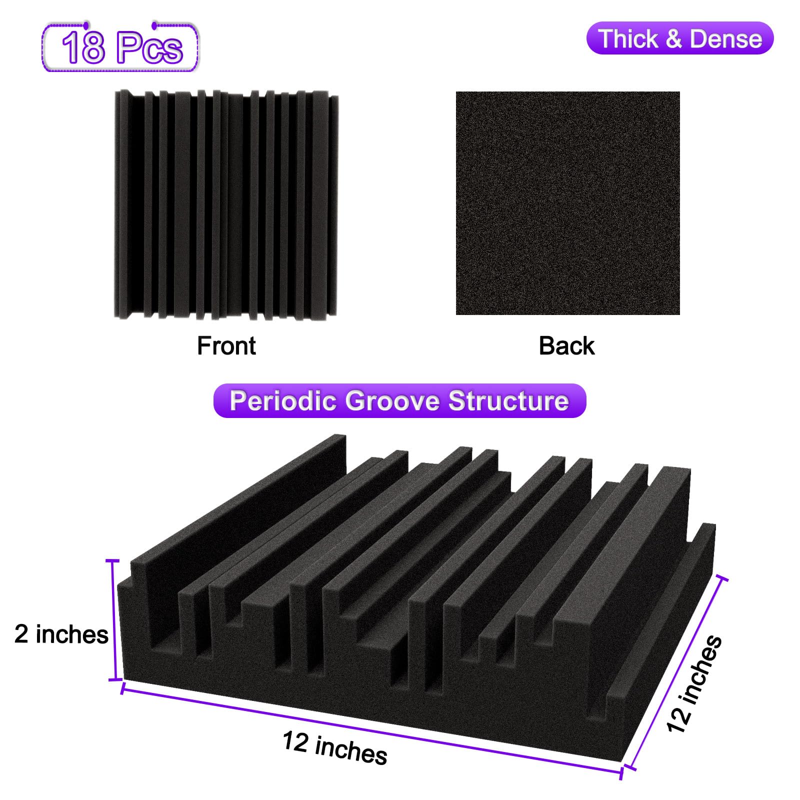 TroyStudio Thick Acoustic Foam Panels, 12 X 12 X 2 Inch 18 Pcs Broadband Sound Absorbing Foam, Dense Soundproof Padding Tile, Recording Studio Foam Absorber, Groove Decorative 3D Wall Ceiling Panel