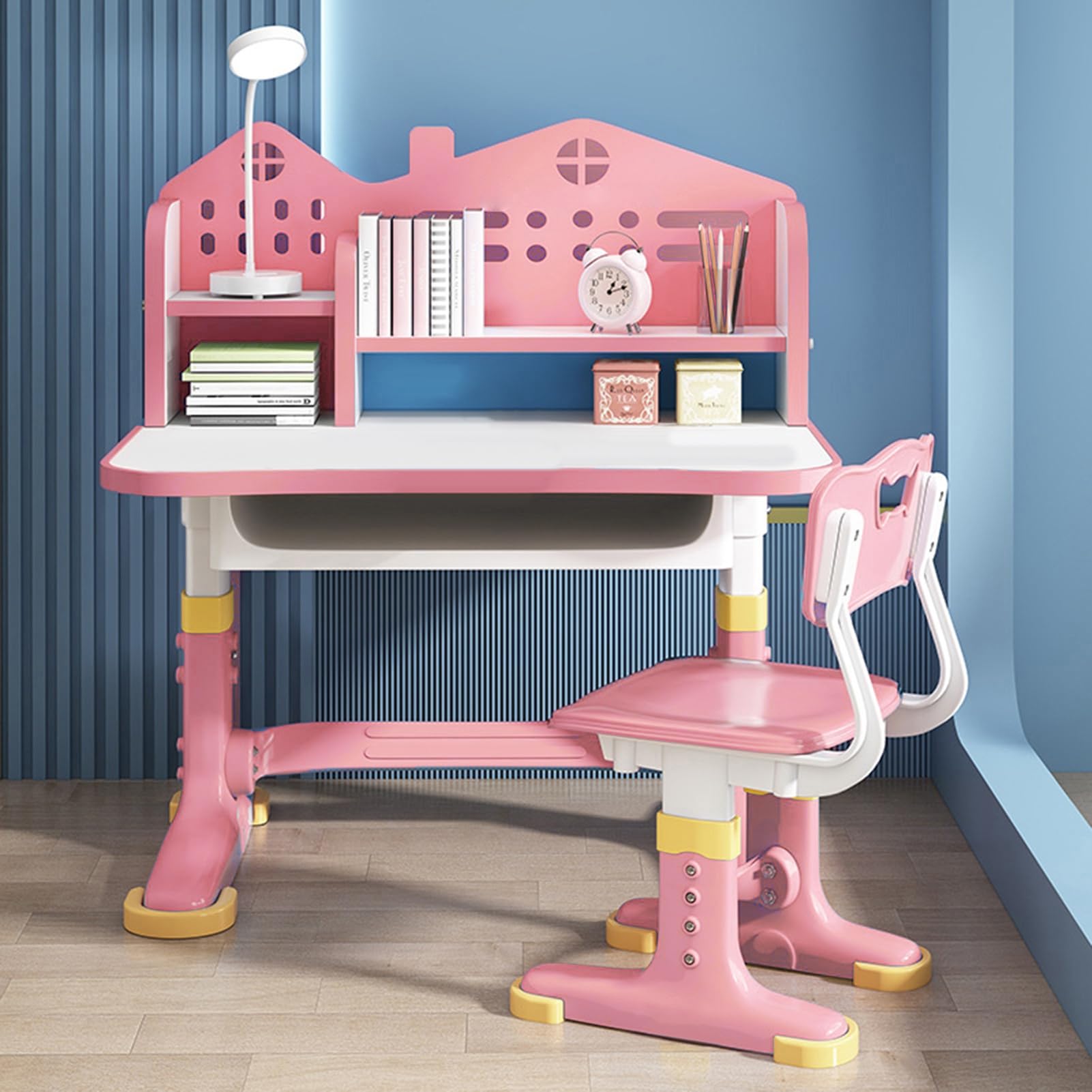Ehozirta Kids Functional Desk Chair Set,Kids Desk and Chair Set, Height Adjustable Children School Study Desk with Castle Backboard, Widened Desktop, Bookstand and Storage Drawer (Pink)