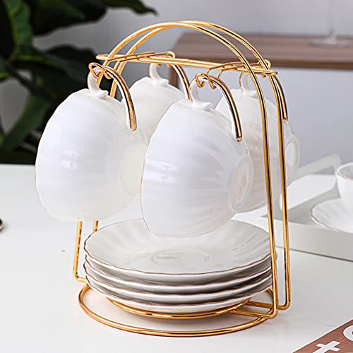 oAutoSjy Coffee Cup Holder, Coffee Mug Holder Stand, Wrought Iron Coffee Cup Rack 4 Hooks, Desktop Gold Water Cup Saucer Drain Hanger Rack, Household Kitchen Storage Drying Rack for Counter Cabinet
