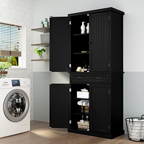 HLR 72" Freestanding Kitchen Pantry Storage Cabinet with Doors and Adjustable Shelves, Pantry Cupboard Cabinet for Kitchen, Bathroom or Hallway, Black