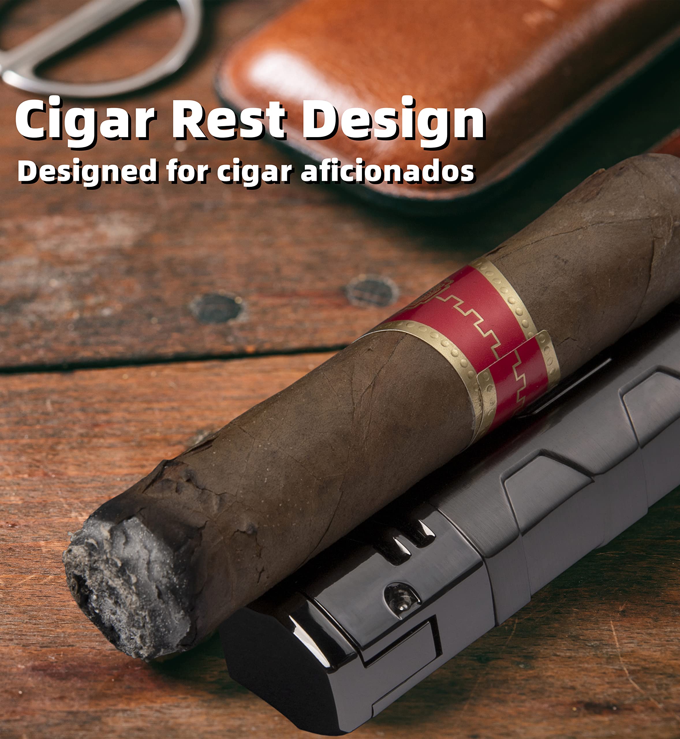 Castelar Cigar Torch Lighter Triple Jet Flame Butane Refillable with Cigar Punch Rest Holder - Butane Not Included