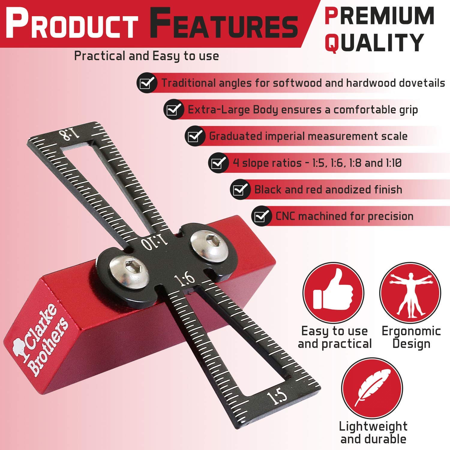 Dovetail Marker – Wood Dovetail Tool – Woodworking Hand Tool for Crafts – Precise Dovetail Guide with 1:5, 1:6, 1:8 and 1:10 Slopes – Extra-Large Body – Ergonomic Design