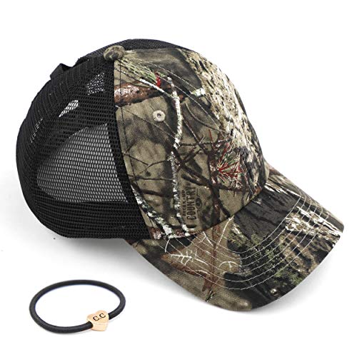 C.C Exclusives Washed Distressed Cotton Denim Criss-Cross Ponytail Hat Baseball Cap Bundle Hair Tie (BT-780)(BT-791) (A Elastic Band-mossyoak)