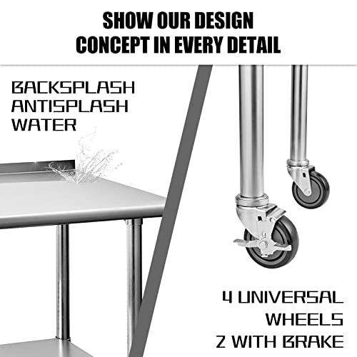 Stainless Steel Table for Prep & Work 24 x 60 Inches with Caster Wheels, NSF Commercial Heavy Duty Table with Undershelf and Backsplash for Restaurant, Home and Hotel