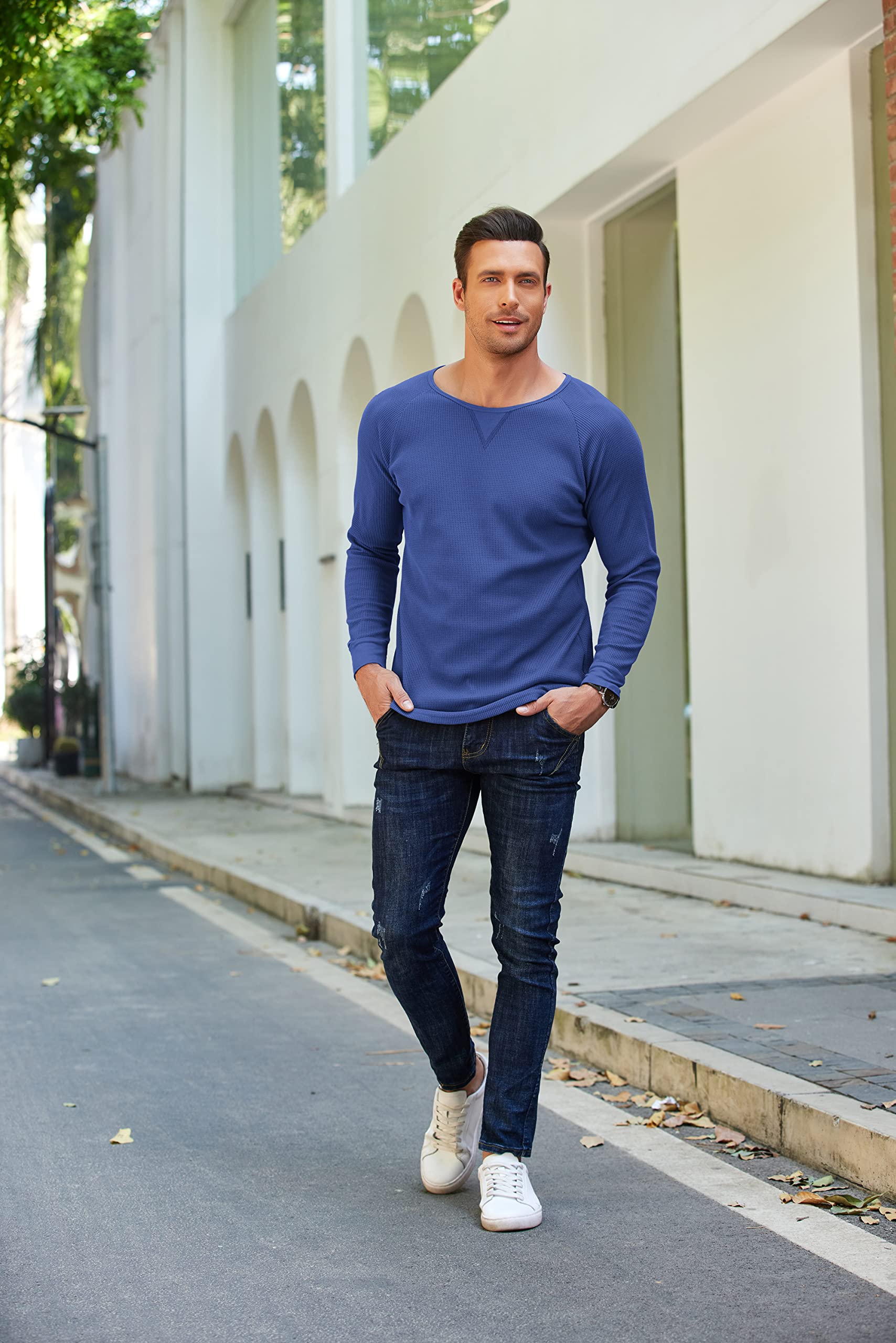 COOFANDY Men's 2 Pack Waffle Shirts Long Sleeve T Shirts Casual Crew Neck Knit Pullover Tops