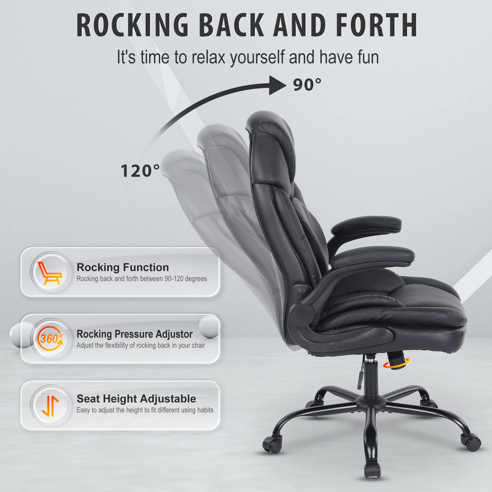 Comermax Ergonomic Executive Office Chairs with Lumbar Support, PU Leather Home Office Desk Chairs with Wheels and Flip up Arms, 90-120° Rocking Managerial Executive Chair (Black),Medium(300lbs)