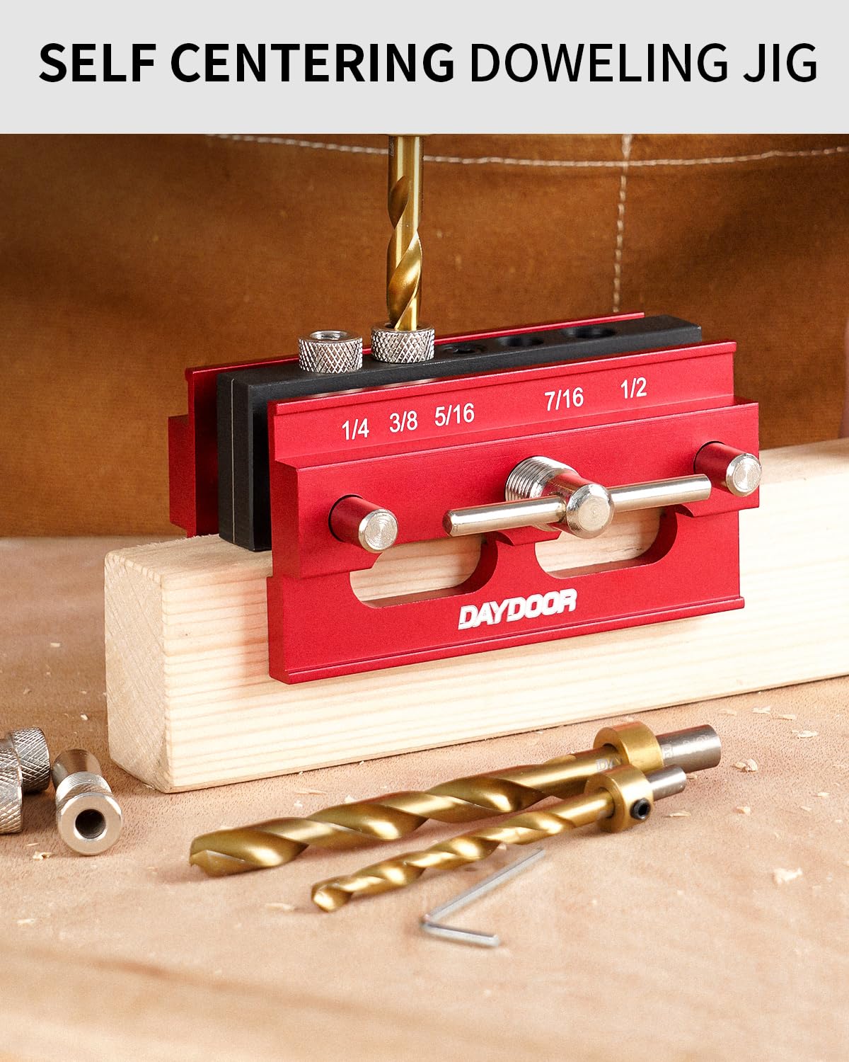 DAYDOOR Self Centering Doweling Jig, Adjustable Width Dowel Jig for Straight Holes, Biscuit Joiner Set with 6 Bushings and 3 Drill Bits(Red)