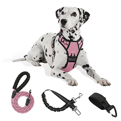 FURRYFECTION No Pull Vest Harness, Reflective with Leash No Choke Soft Padded, Adjustable Front Lead Dog Harnesses with Seat Belt for Small Medium Large Dogs, Pink, L