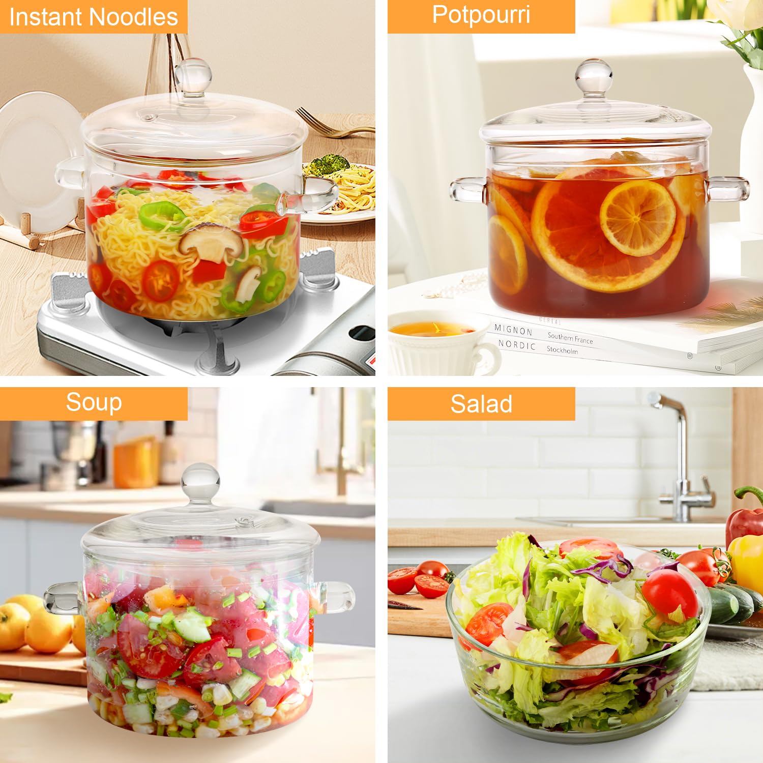 Glass Cooking Pot with Lid and Serving Bowl Set (64OZ/1.9L) - Durable Glass Simmer Pot for Stove Top - Clear Pots for Cooking, Potpourri, Pasta, Soup, Ramen, ect (Comes with Silicone Trivet Mat)