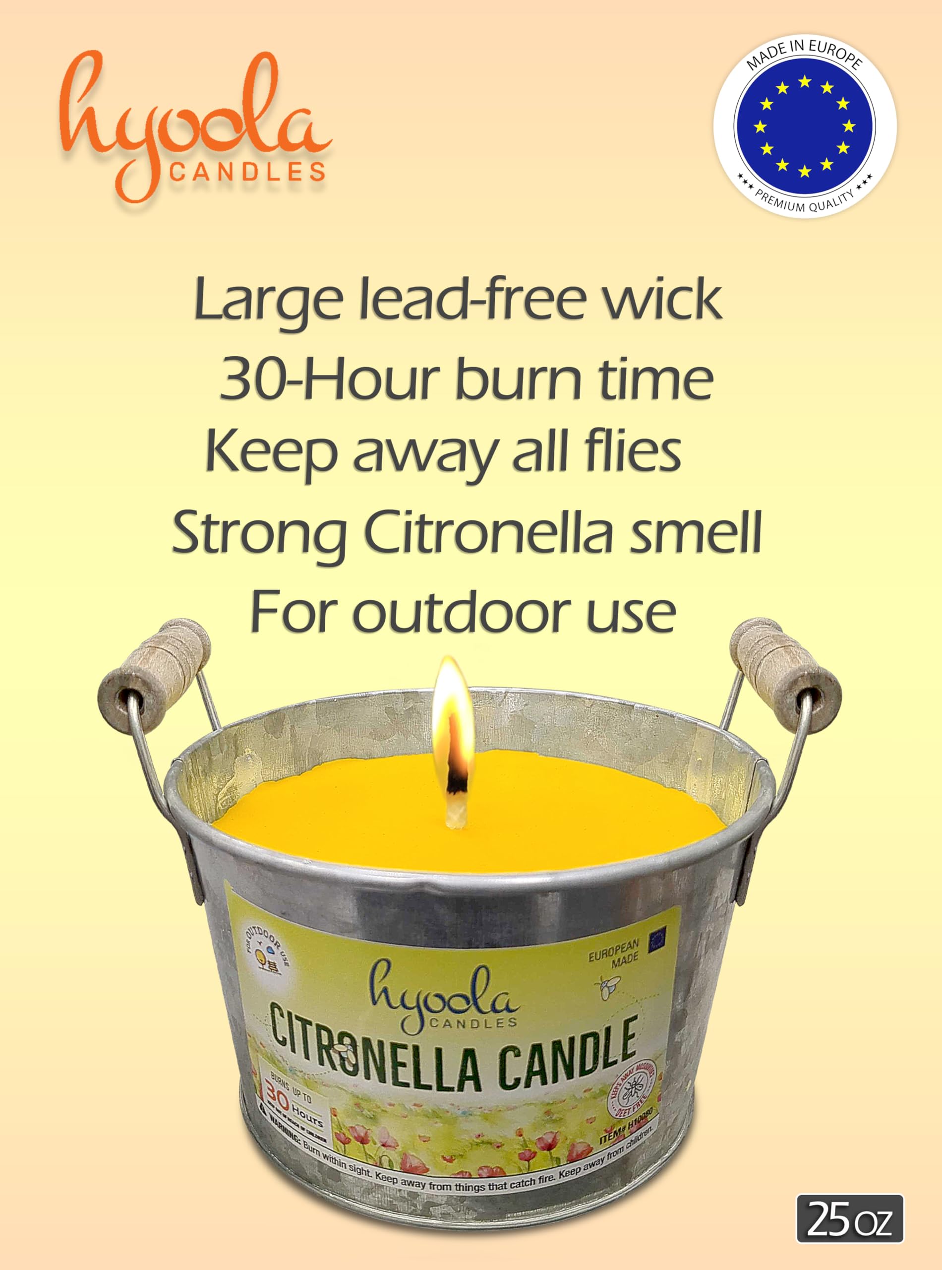 HYOOLA Large Citronella Candles Outdoor Bucket - 30 Hour - Natural Repellent - European Made