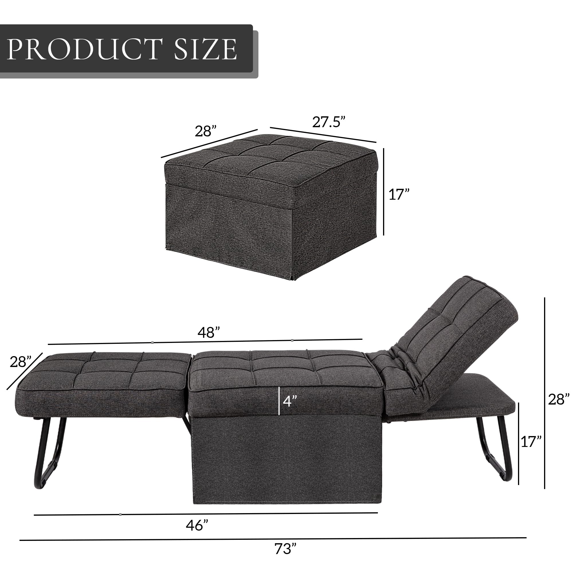 FHFO 4 in 1 Ottoman Bed Sleeper Chair Bed Folding Ottoman to Bed Chairs Breathable Linen Sofa Bed with Adjustable Backrest Pillow for Living Room Apartment Office, 28β Width, Dark Grey