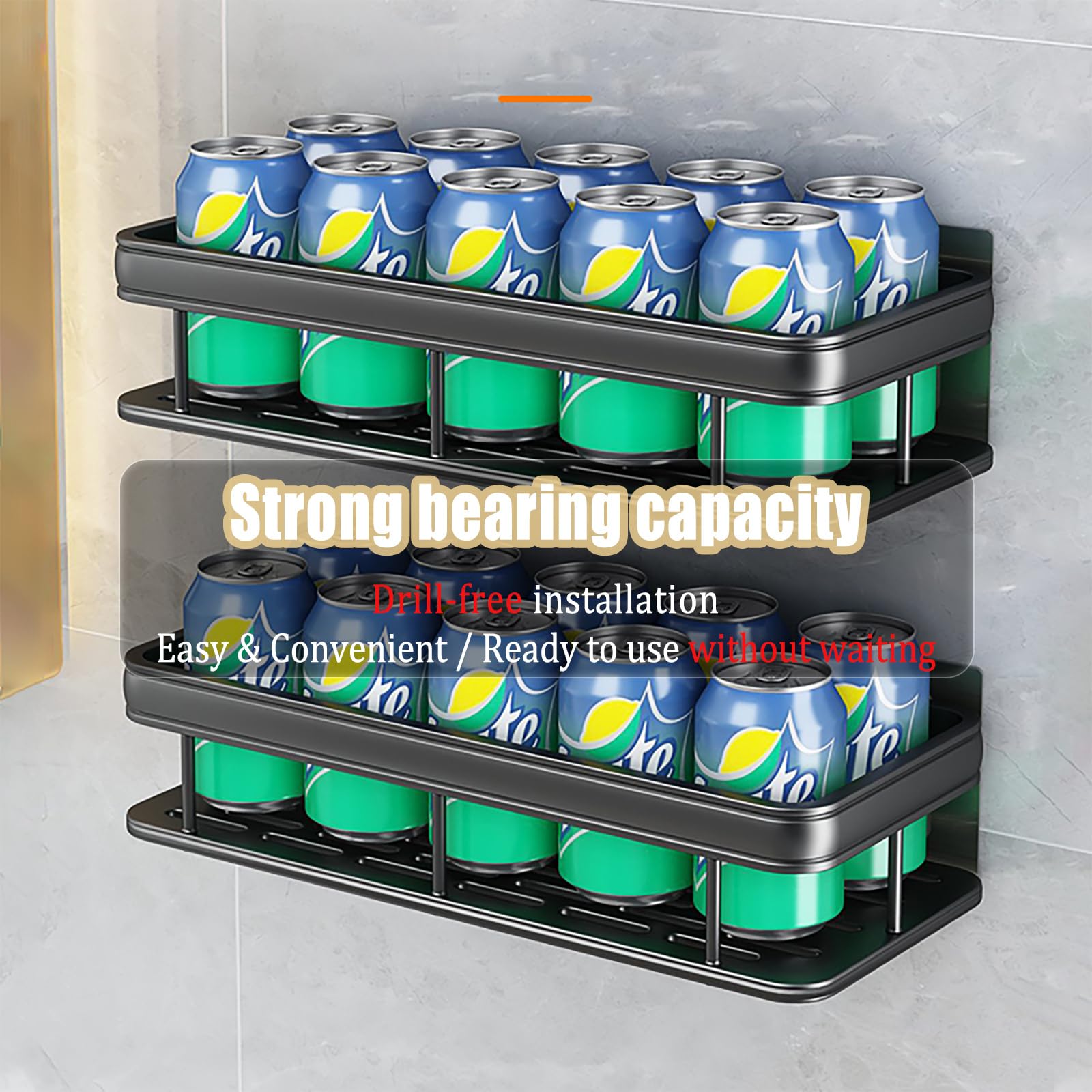 EVALAND Aluminum Shower Caddy, Adhesive Shower Shelves, 2-Pack With Hooks and Rod for Towels, No Drill Wall Mount Rustproof Premium Organizer for Bathroom, Kitchen, Black