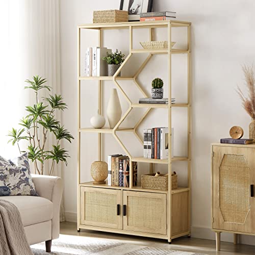 MASISDAOZ Rattan Bookshelf, 75.6” Tall 5-Tier Freestanding Bookcase Storage Rack, with 6 Display Open Shelves, Iron Frame and Rattan Door Cabinet, Boho Style Furniture for Living Room Home Office